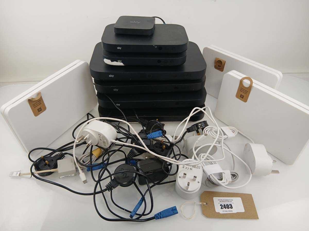 Lot 2403 - Bag of assorted Sky boxes, routes, PSU etc.